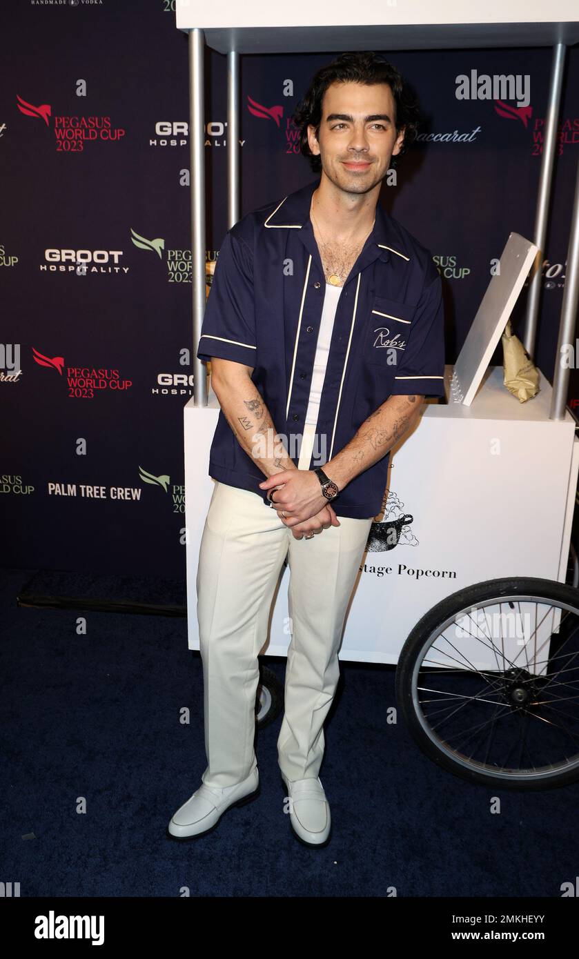 HALLANDALE, FLORIDA - JANUARY 28: Joe Jonas at the 2023 Pegasus World ...