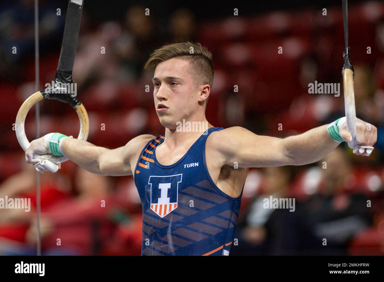 Alex Diab performing on the rings during Nebraska-Oklahoma-Illinois ...