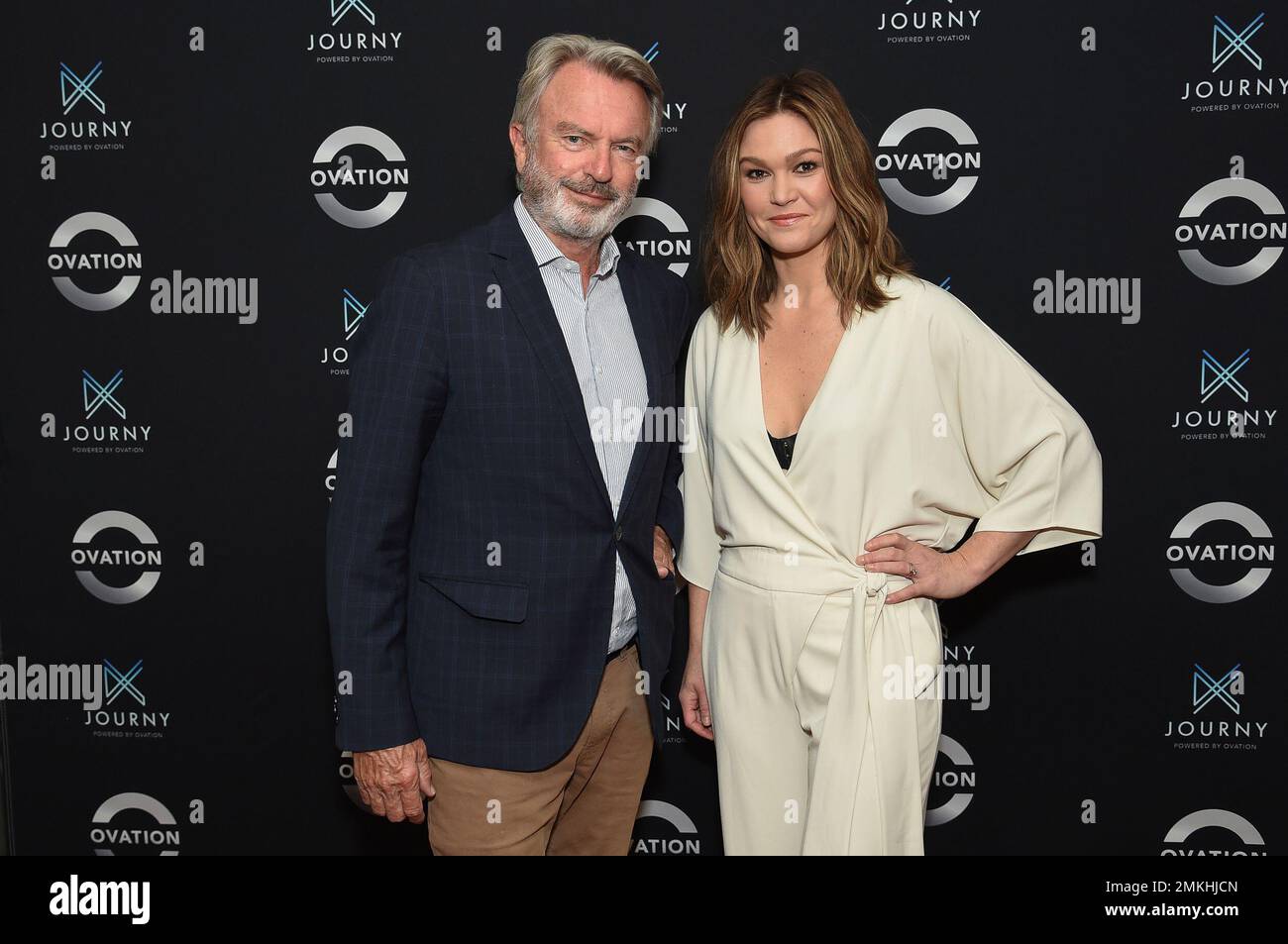 Sam Neill, left , and Julia Stiles attend the Ovation portion of the TCA Winter Press Tour on ...