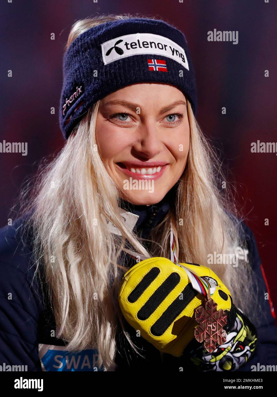 Third placed Norway's Ragnhild Mowinckel, poses during the medal ...