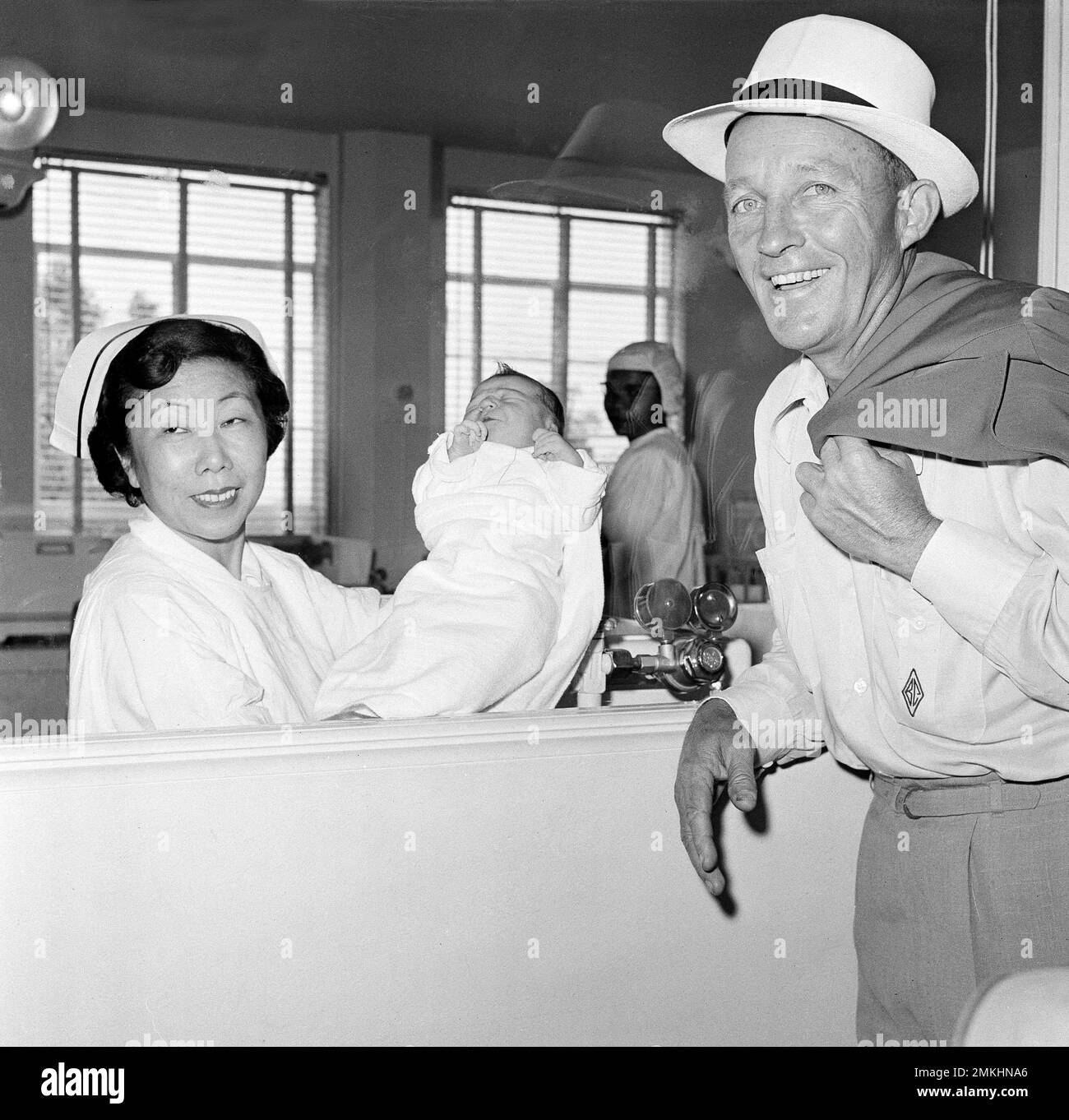 Crooner Bing Crosby grins at Queen of Angels Hospital in Hollywood ...