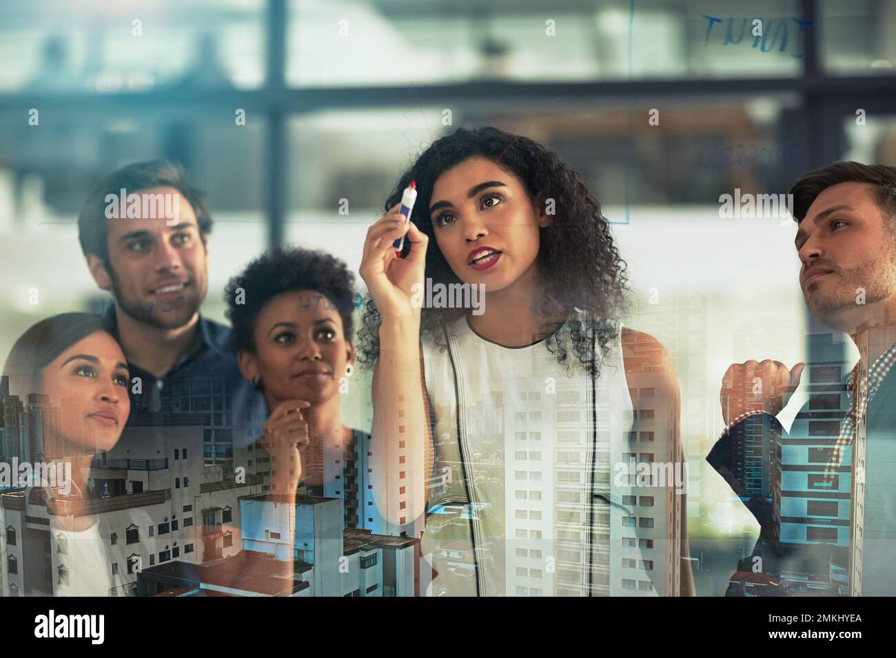 Business people, writing and team planning, brainstorming or schedule ...