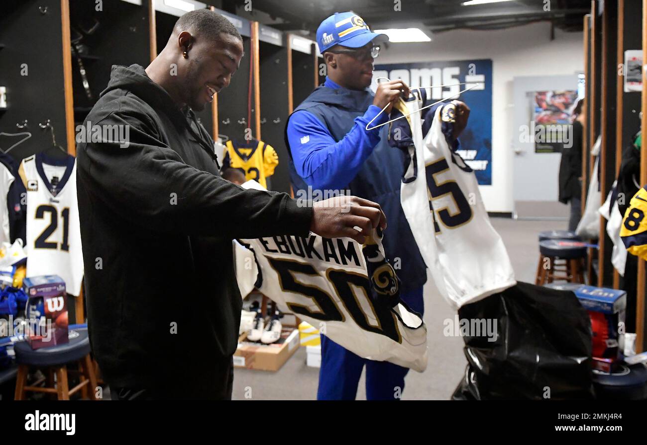 Los Angeles Rams linebacker Obo Okoronkwo, left, and outside linebacker ...
