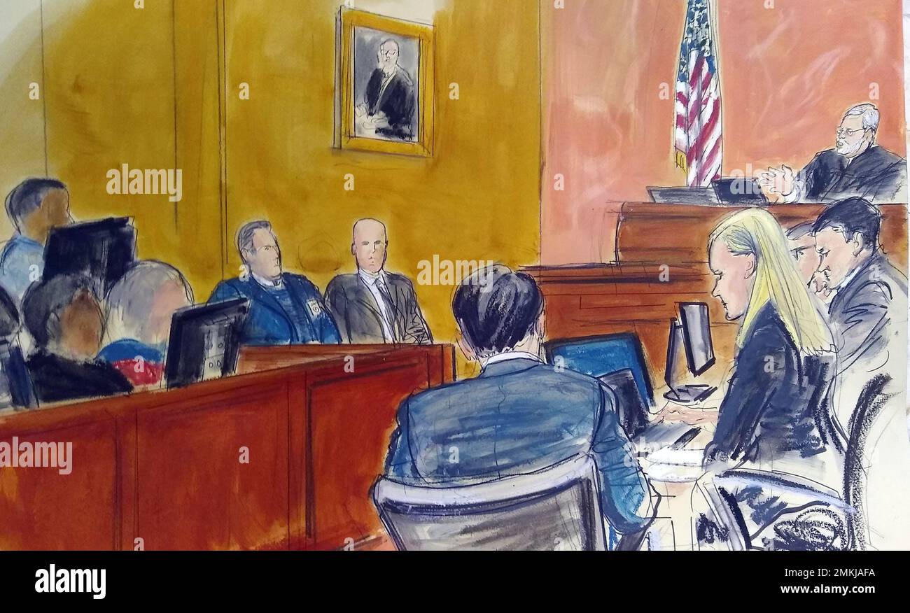 In this courtroom sketch, Judge Brian Cogan upper right, charges the ...