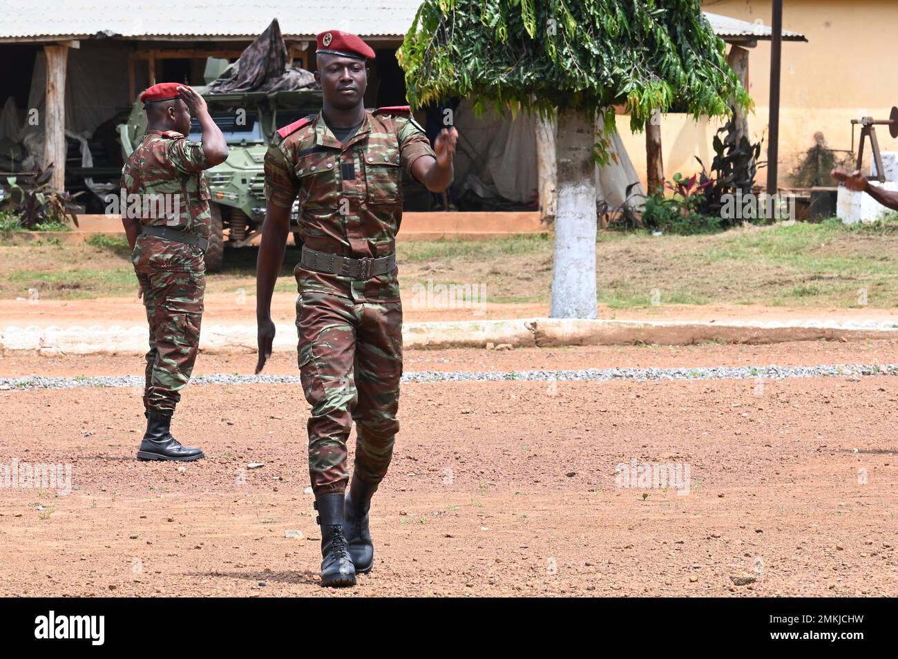 A Beninese soldier from the 1st Commando Parachute Battalion march to ...