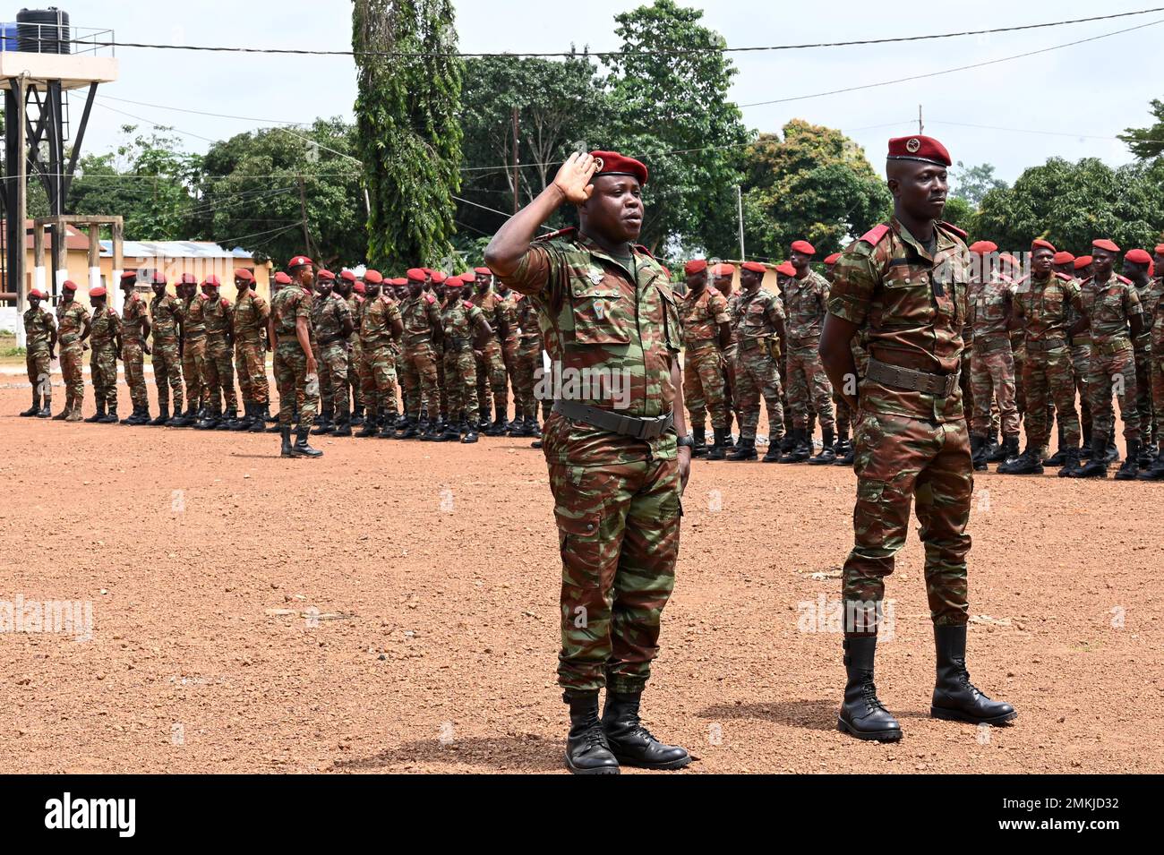 A Beninese soldier from the 1st Commando Parachute Battalion renders a ...