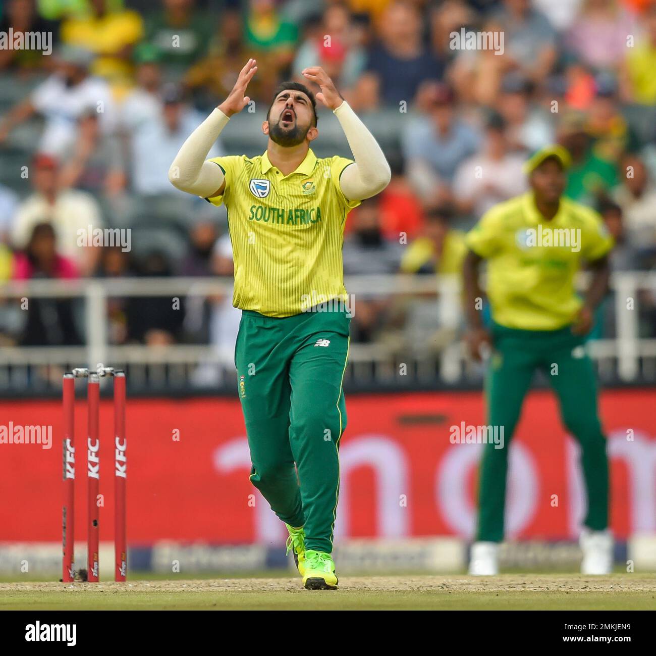 South Africa's Tabraiz Shamsi reacts after bowling during the T20I ...