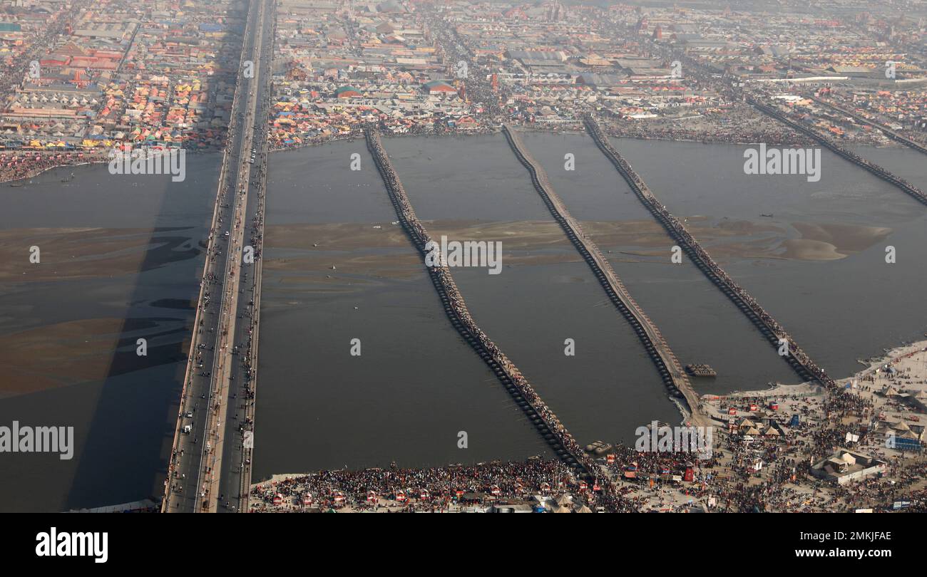 An aerial view of Sangam, the confluence of rivers Ganges, Yamuna, and ...