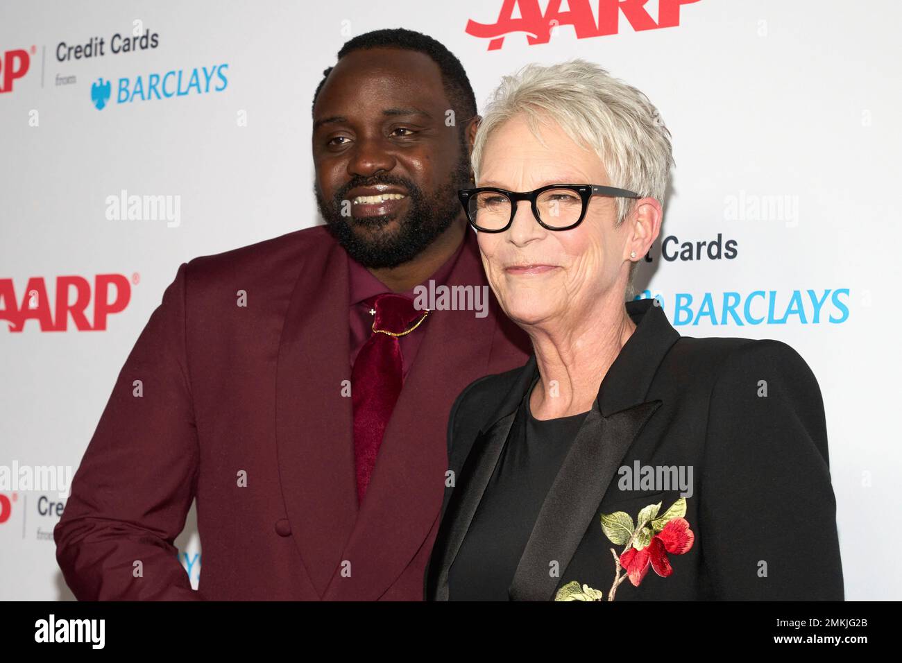 Brian Tyree Henry, left, and Jamie Lee Curtis arrive at AARP's 21st ...
