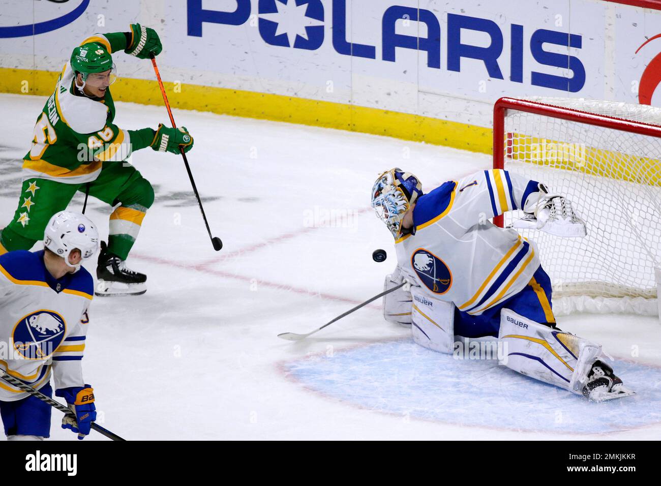Buffalo Sabres goaltender Ukko-Pekka Luukkonen (1) blocks a shot by ...