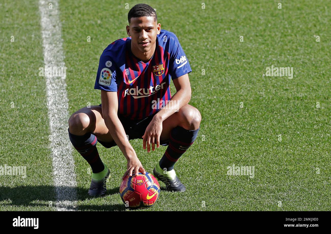 Barcelona's new signing soccer player Jean-Clair Todibo poses for the ...