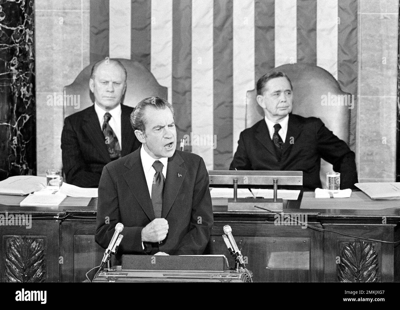 Vice President Gerald Ford and House Speaker Carl Albert listen to ...
