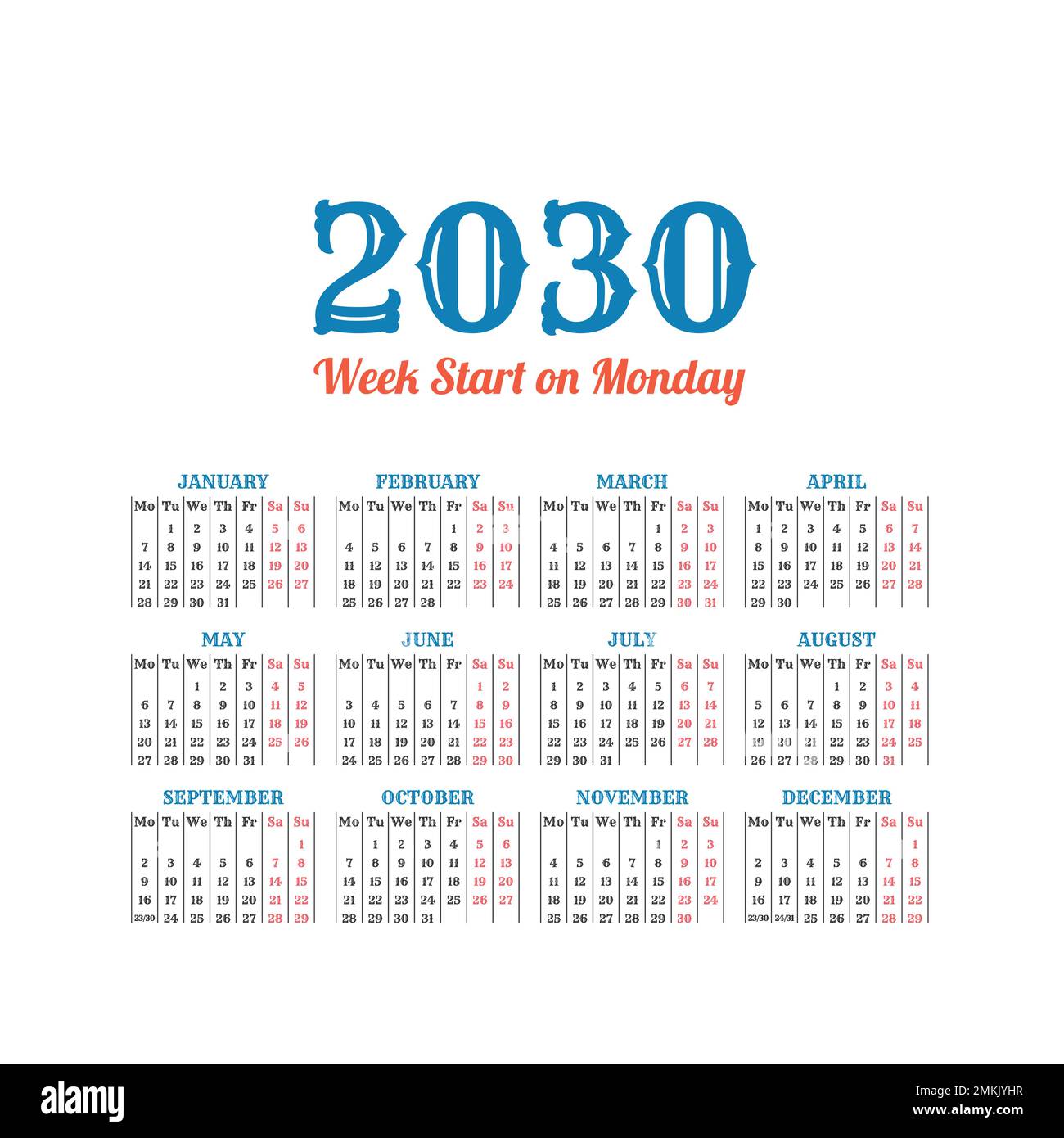 2030 vintage vector calendar template. Weeks start on Monday Stock Vector Image & Art - Alamy