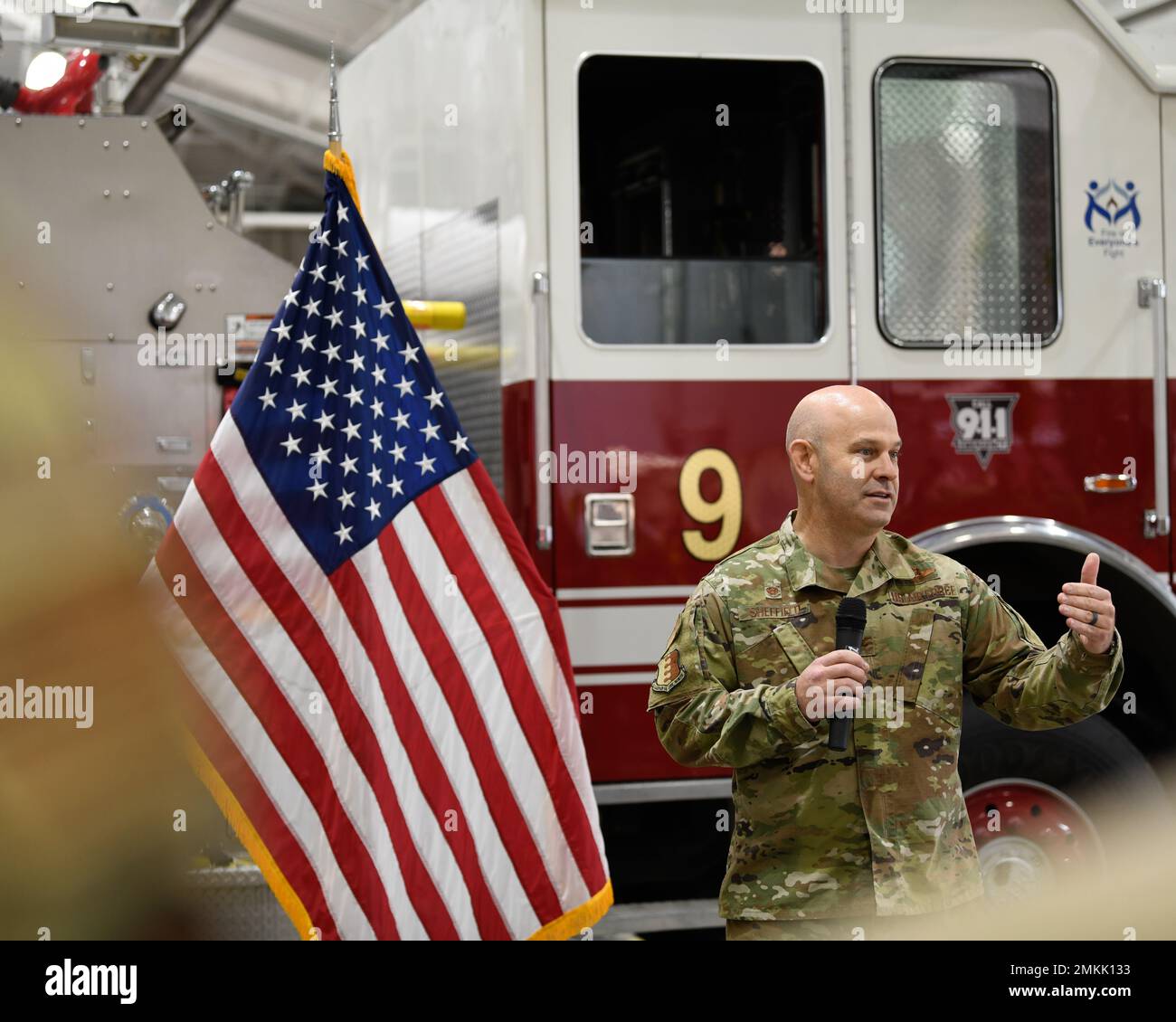 Col. Joseph Sheffield, the 28th Bomb Wing Commander, gives a speech at ...