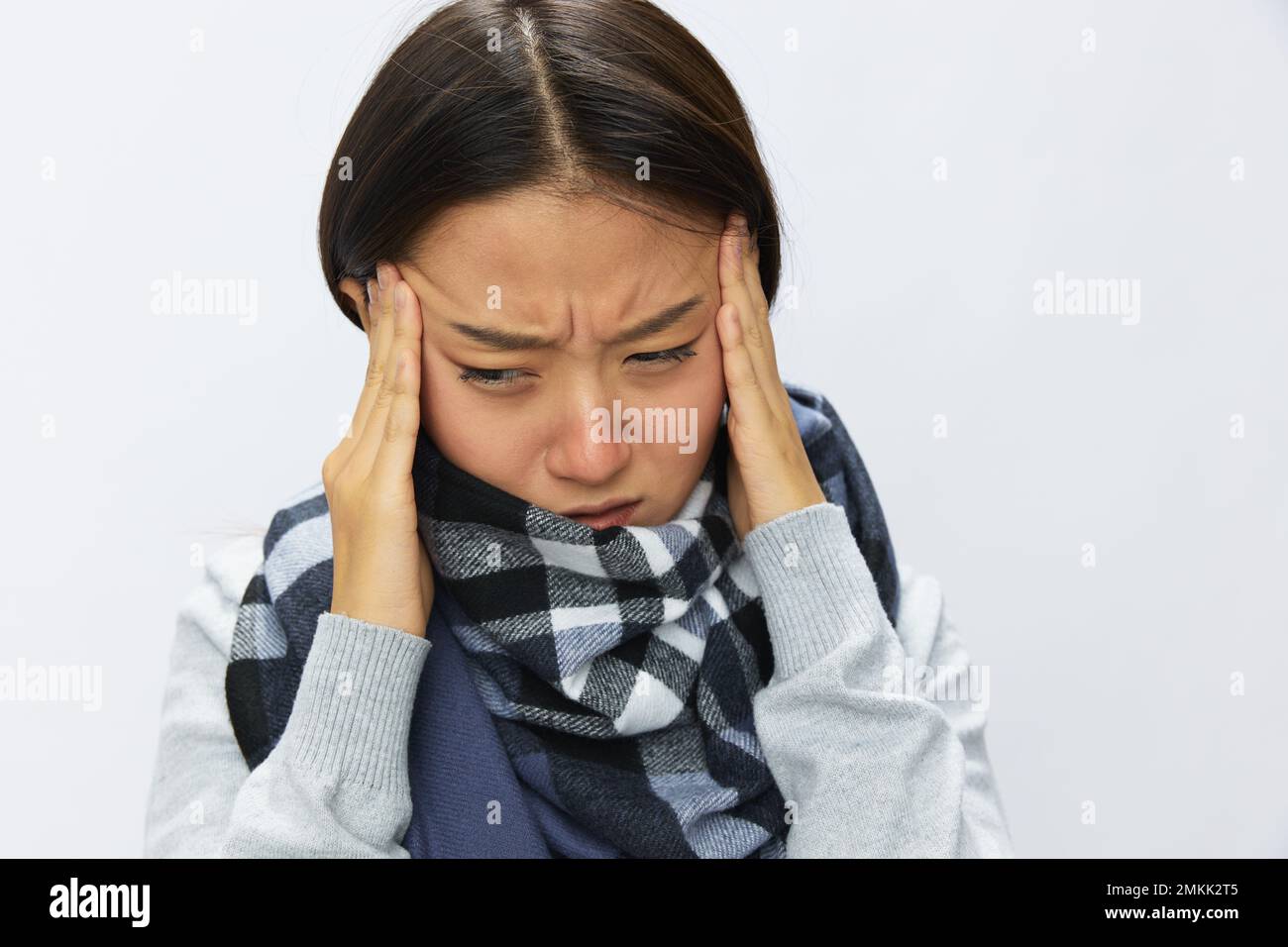 Asian woman cold flu raised hands from headache with fever sick from ...