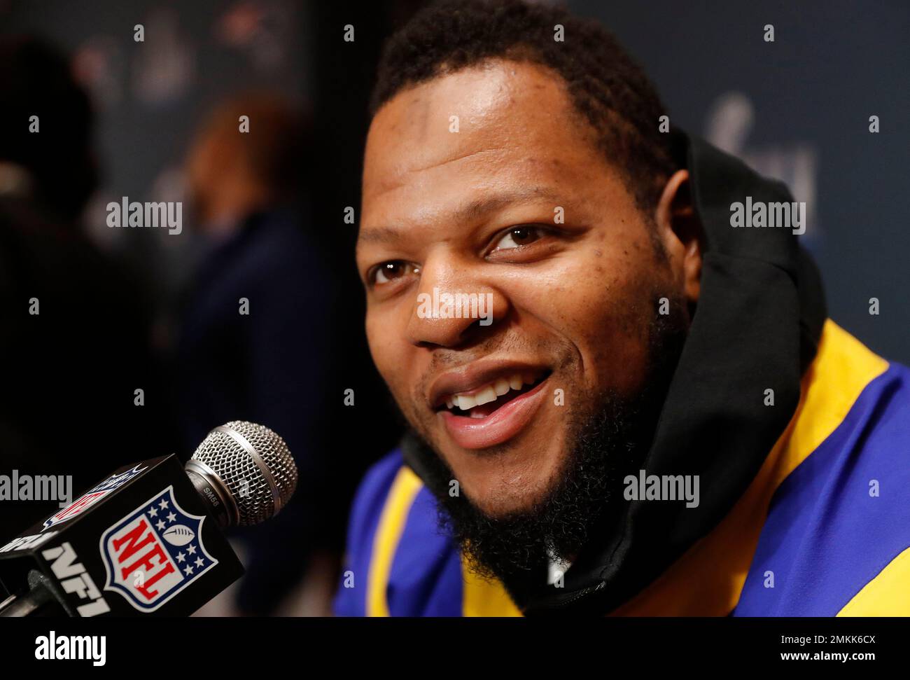 Los Angeles Rams defensive lineman Ndamukong Suh speaks during a media ...