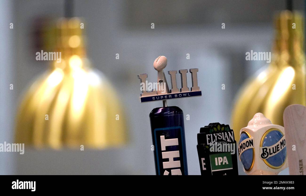 A Super Bowl LIII logo beer tap is shown during a tour of Mercedes-Benz ...
