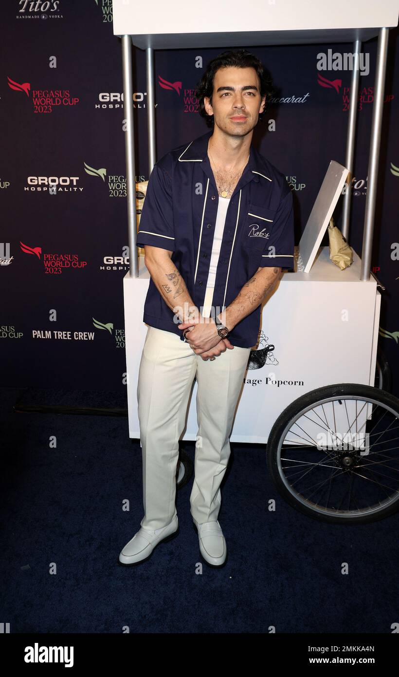 HALLANDALE, FLORIDA - JANUARY 28: Joe Jonas at the 2023 Pegasus World ...