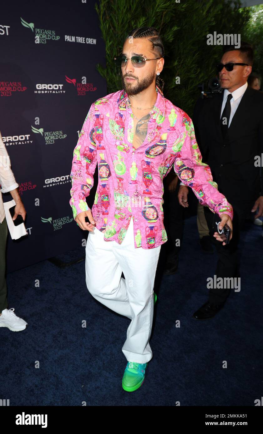 HALLANDALE, FLORIDA - JANUARY 28: Maluma attends the 2023 Pegasus World ...