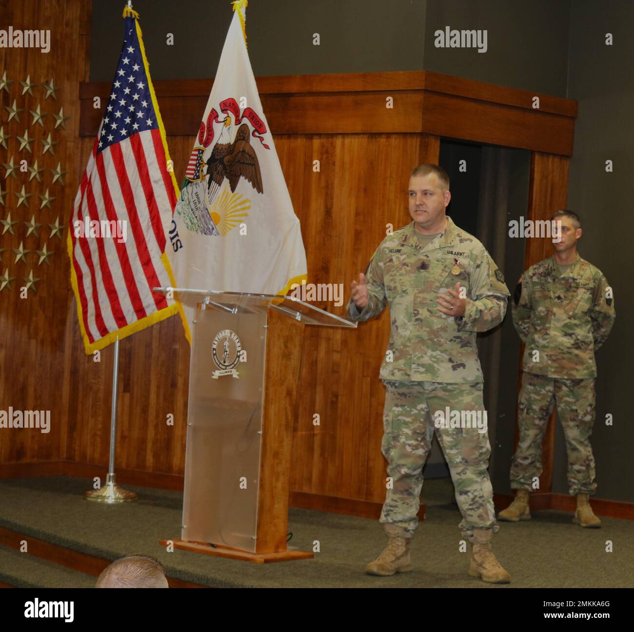 1st Sgt. Tyler Heleine speaks during his Sept. 10 retirement ceremony ...