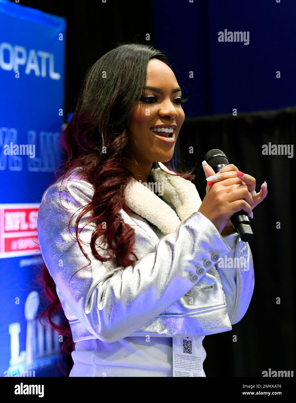 Riley Burruss on stage at the NFL Shop on Sunday, Jan. 27, 2019 in ...