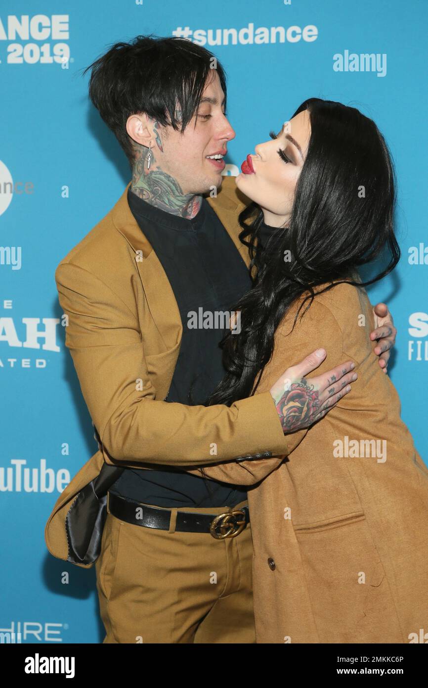 WWE's Paige, right, and Ronnie Radke pose at the premiere of the film ...