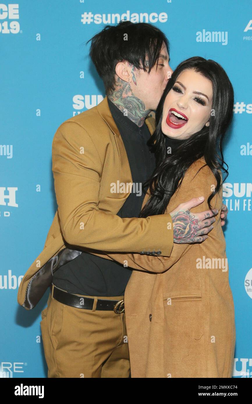 WWE's Paige, right, and Ronnie Radke pose at the premiere of the film ...