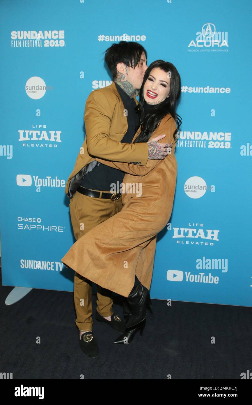 WWE's Paige, right, and Ronnie Radke pose at the premiere of the film ...