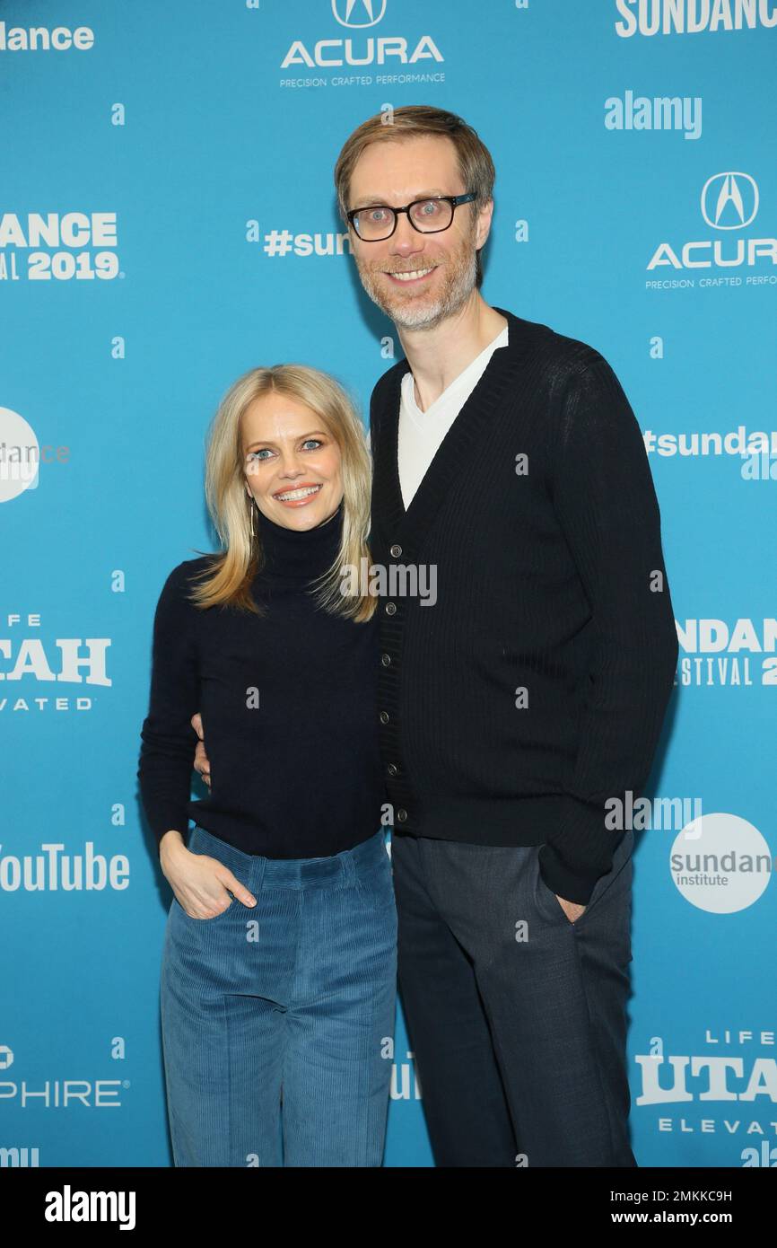 Director Stephen Merchant, right, and Mircea Monroe, left, pose at the ...