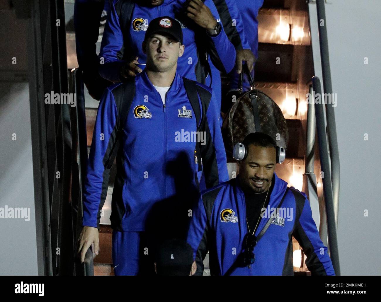 Los Angeles Rams' Jared Goff gets off the team charter as they arrive ...