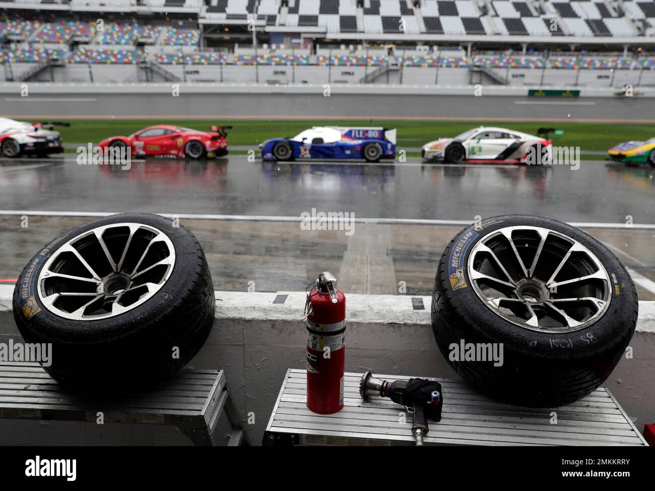 Tires sit idle in a pits stall overlooking pit road where the cars were ...