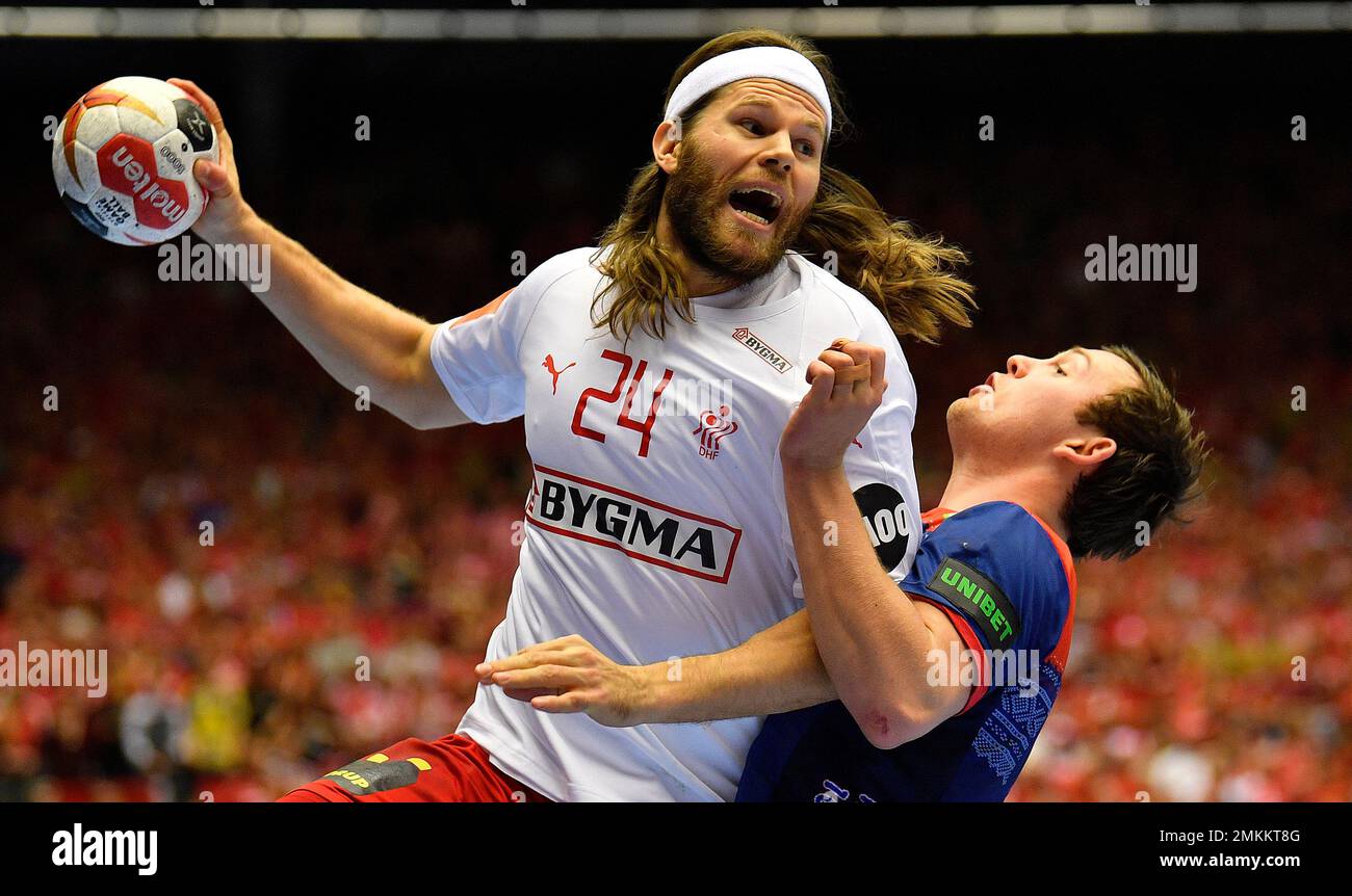 Denmark's Mikkel Hansen, left, and Norway's Christian O'Sullivan ...