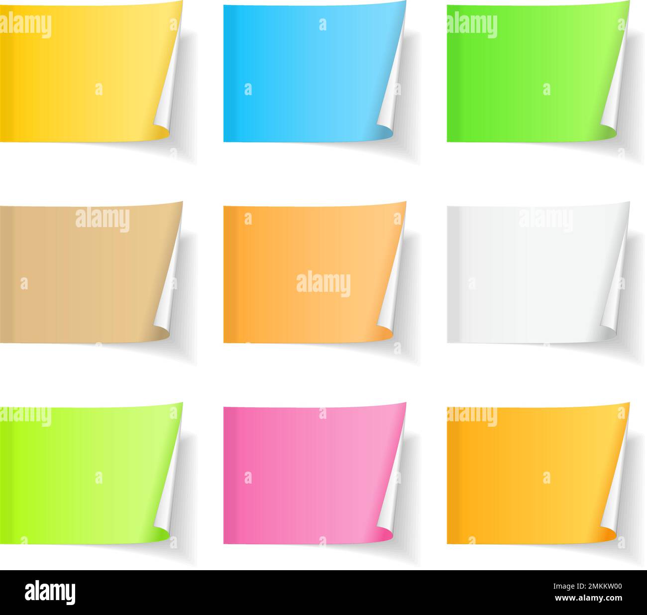 Set of blank colored sticky notes with curl on white background, vector ...