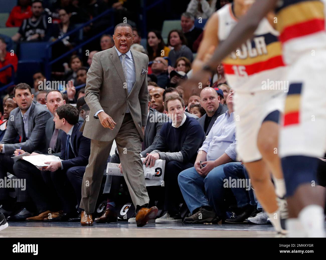 New Orleans Pelicans head coach Alvin Gentry calls out from the bench ...