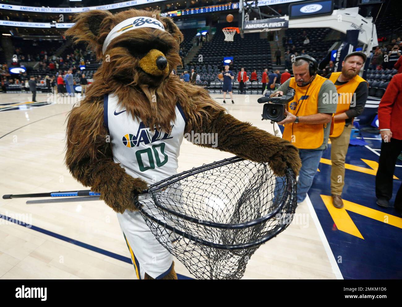 In this Friday, Jan. 25, 2019, photo, the Utah Jazz Bear walks off the ...