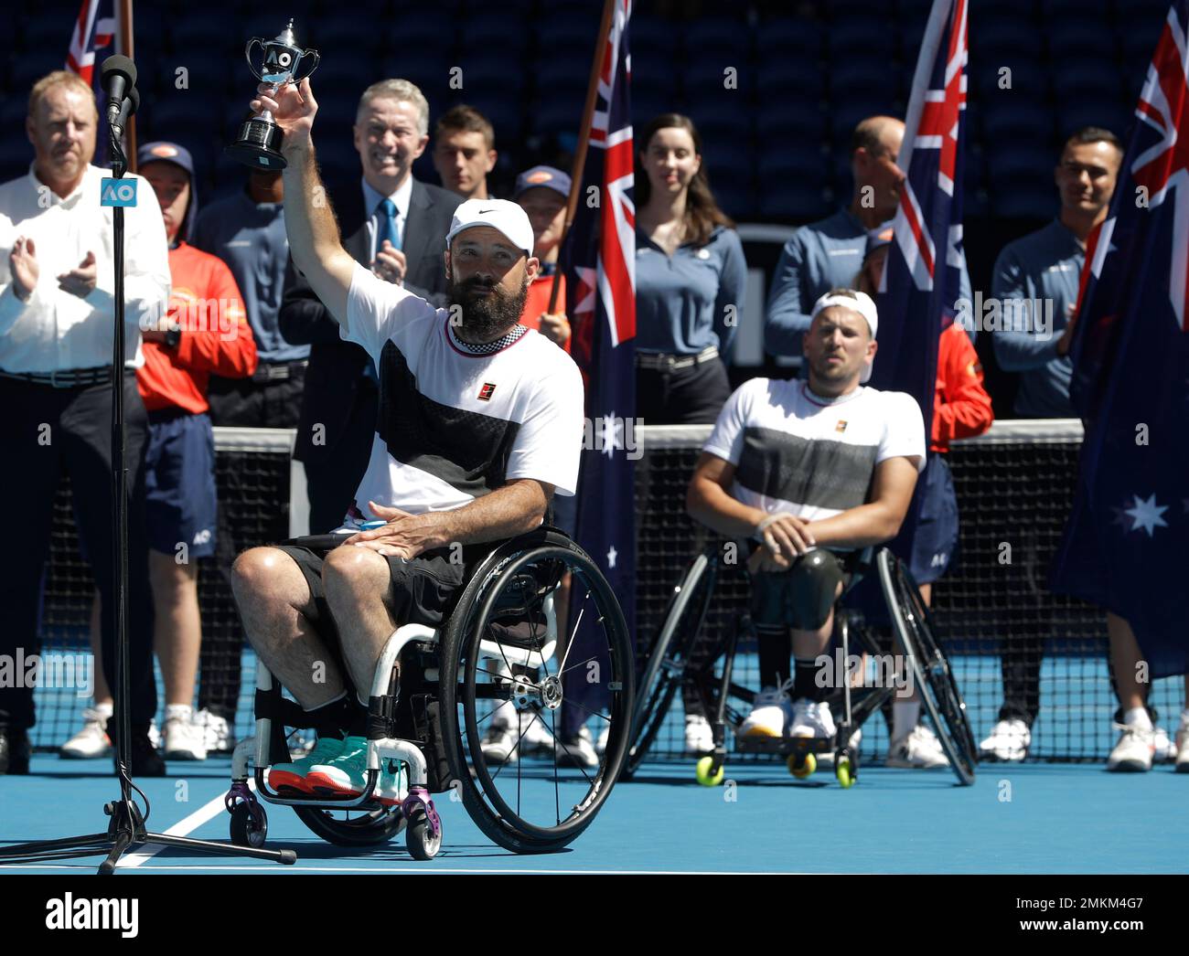 United States' David Wagner holds his runner-up trophy aloft after ...