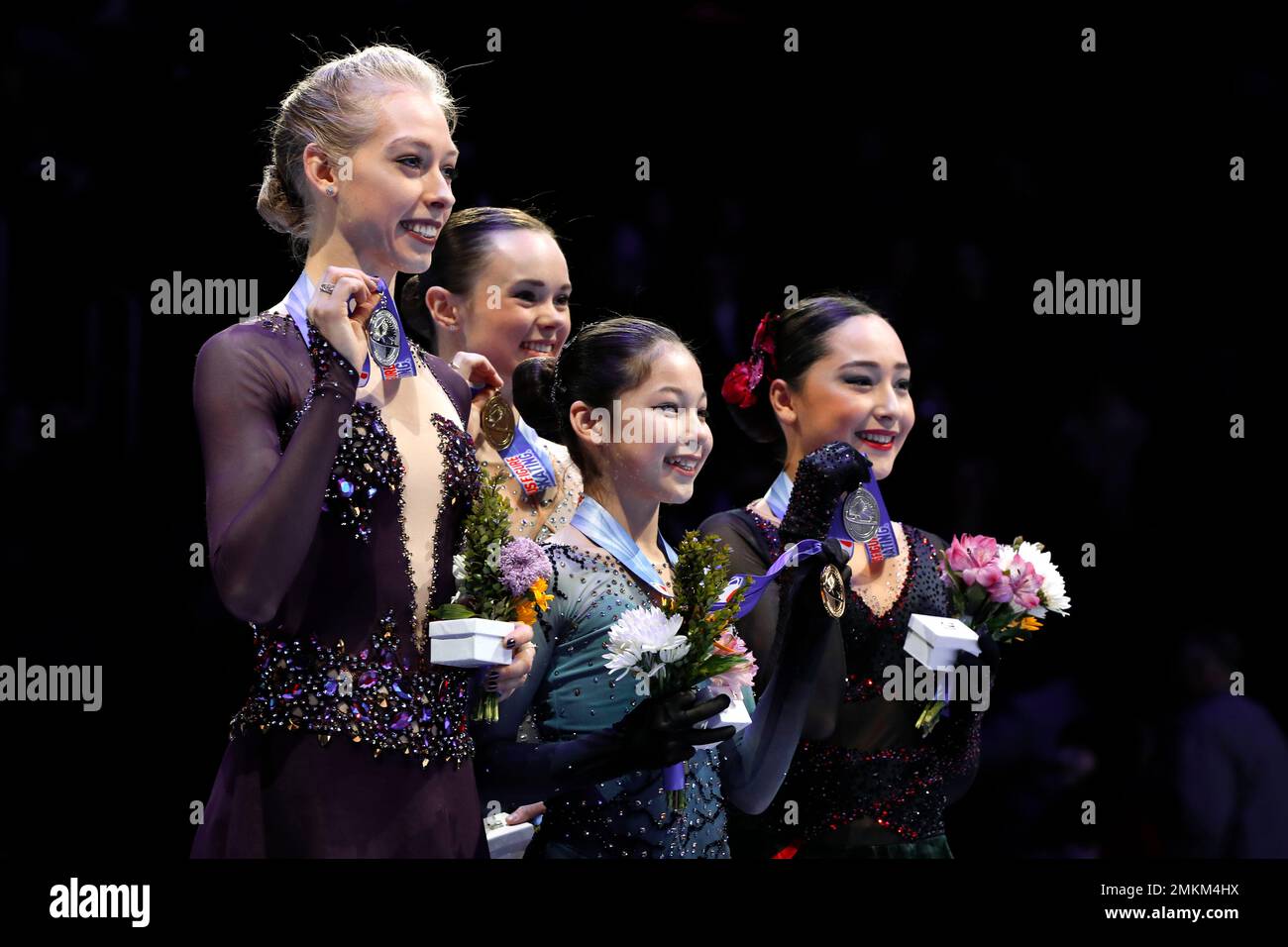 Bradie Tennell, from left, second place; Mariah Bell, third place ...