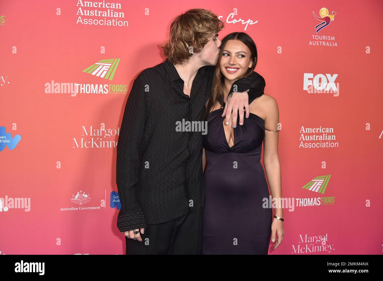 The Kid LAROI, left, and Katarina Deme arrive at the G'Day USA Arts Gala on Saturday, Jan. 28 ...