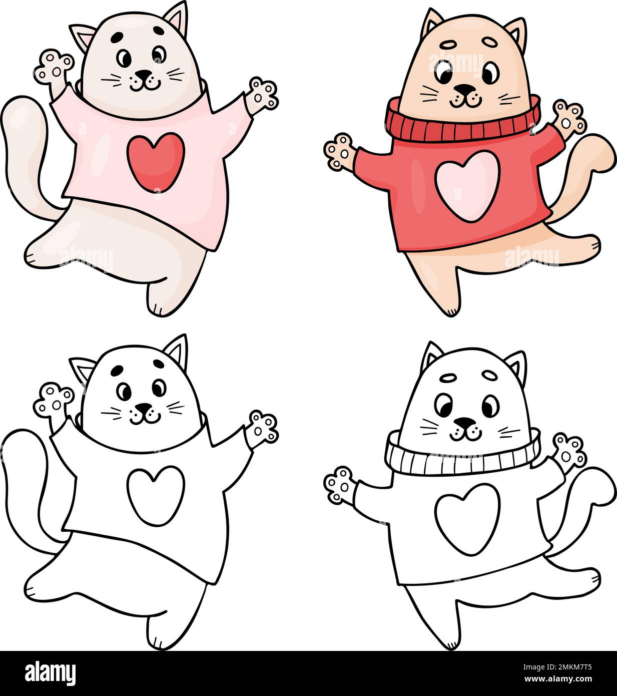 Collection happy cats. Vector illustration. Outline and color drawing ...