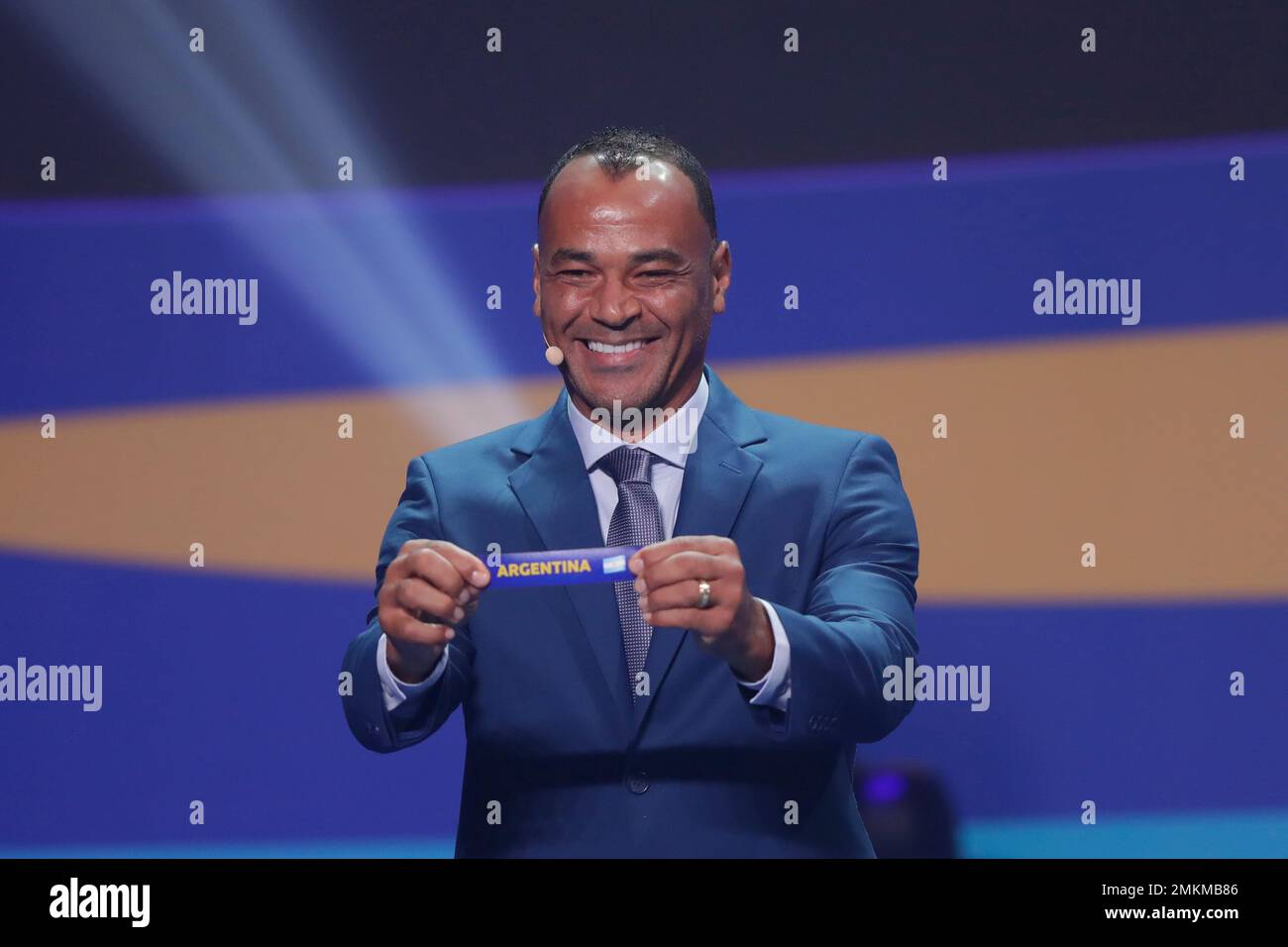 Brazil's former player Cafu olds up the team name of Argentina during ...