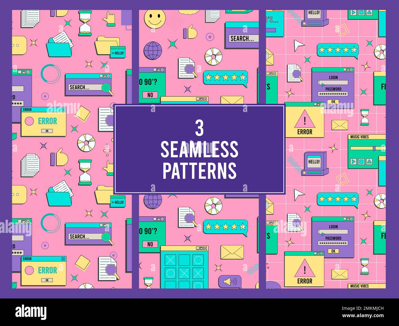 Set of vaporwave UI and UX elements seamless pattern. PC retro game frame. Nostalgic style 70s ...