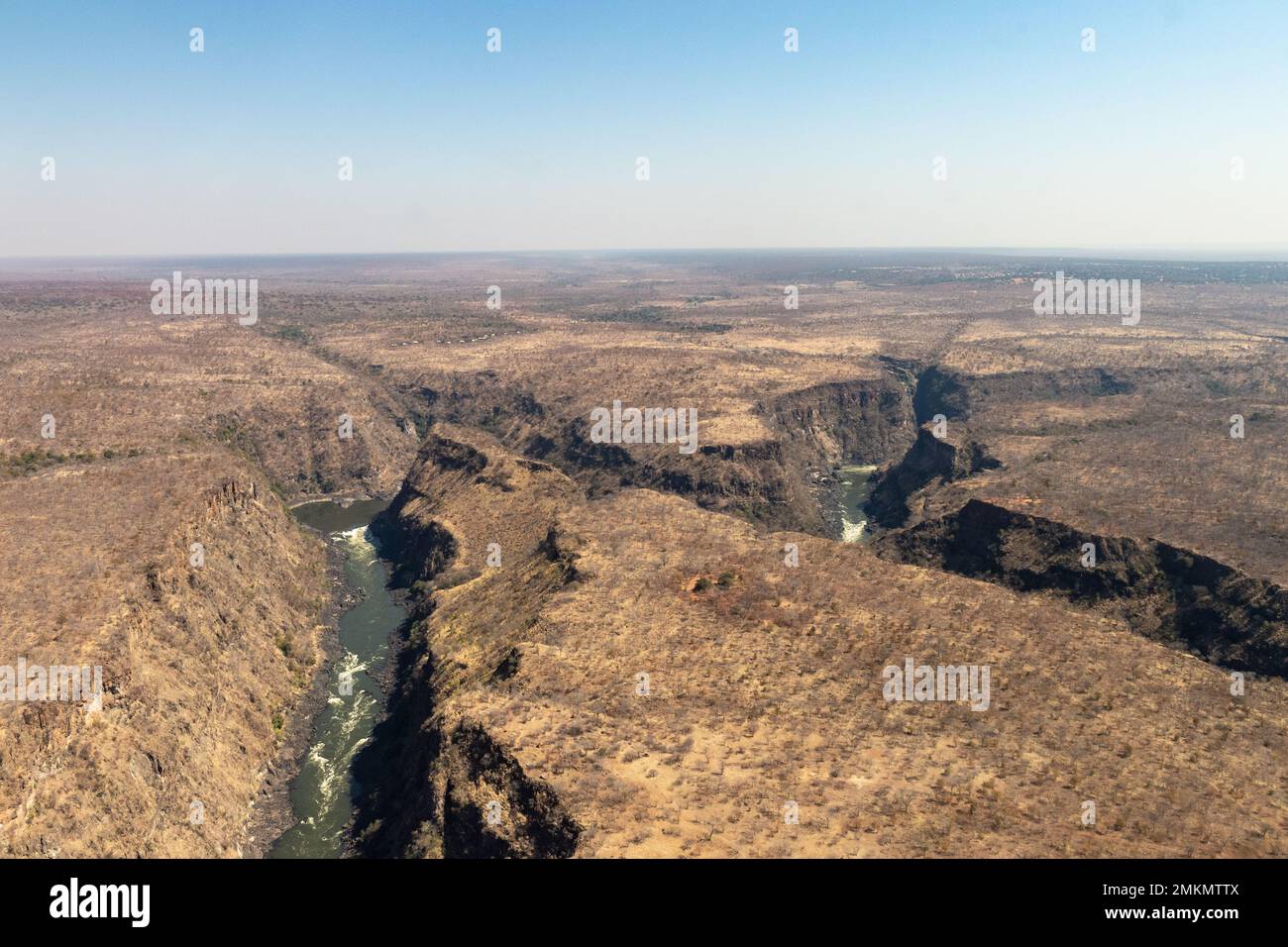Aerial shot of the lower river gorge of the Zambezi river in southern ...