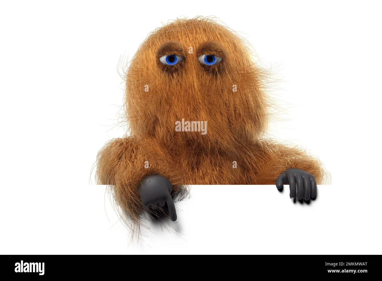 Hairy monster pointing at white space for copy space, isolated on white ...