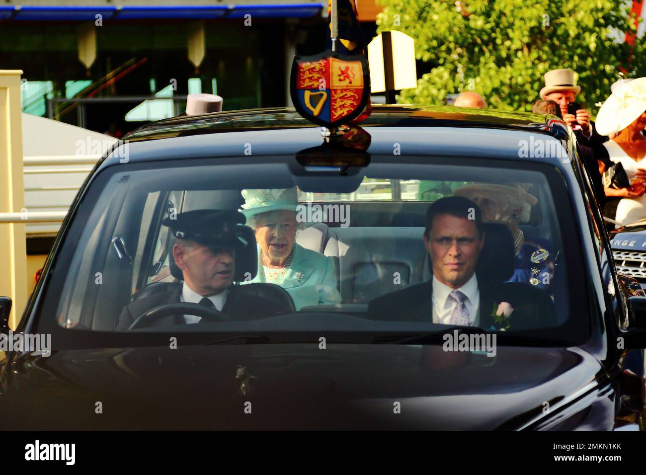 The Queen leaving Royal Ascot in the Bentley State limousine, Ascot, UK ...