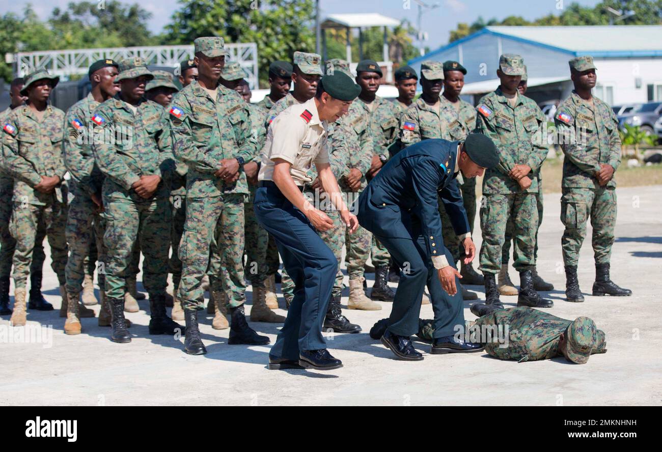 Mexican army officers walk to help a Haitian army member who collapsed ...