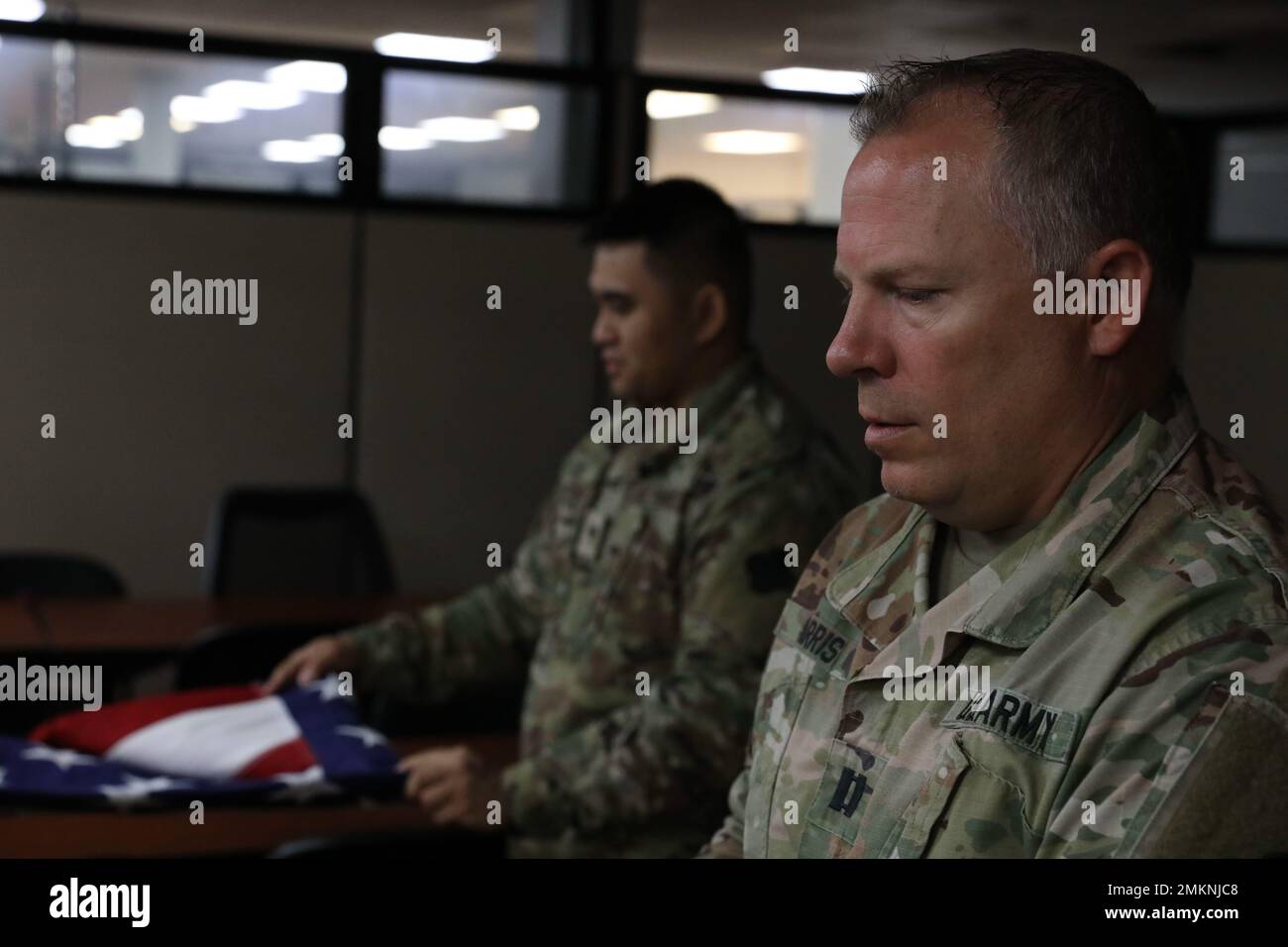 U.S. Army Reserve Soldiers Cpt. Richard Harris (right) and Spc. Dean Do ...