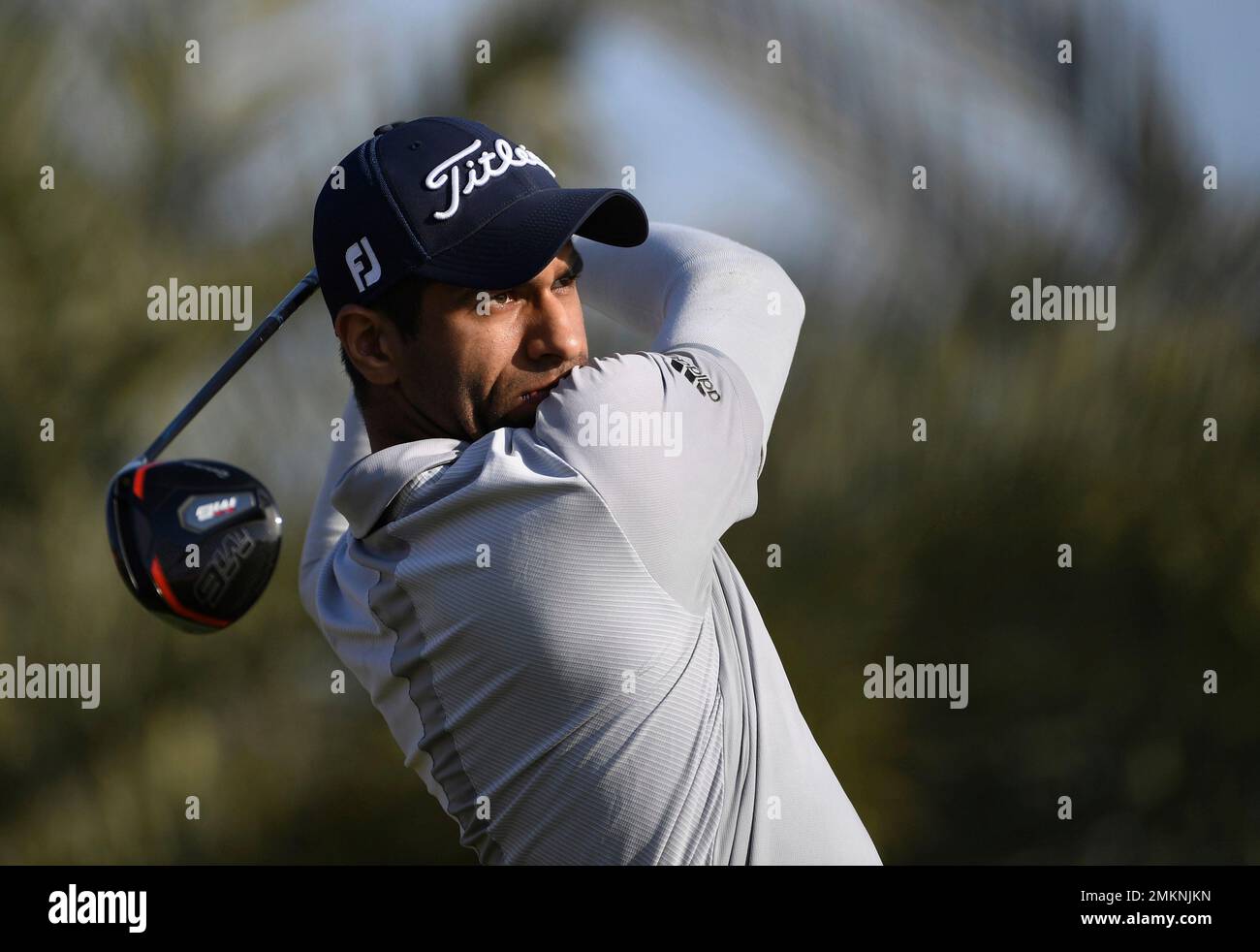 Aaron Rai of England tees off on the 14th hole in round two of the Abu ...