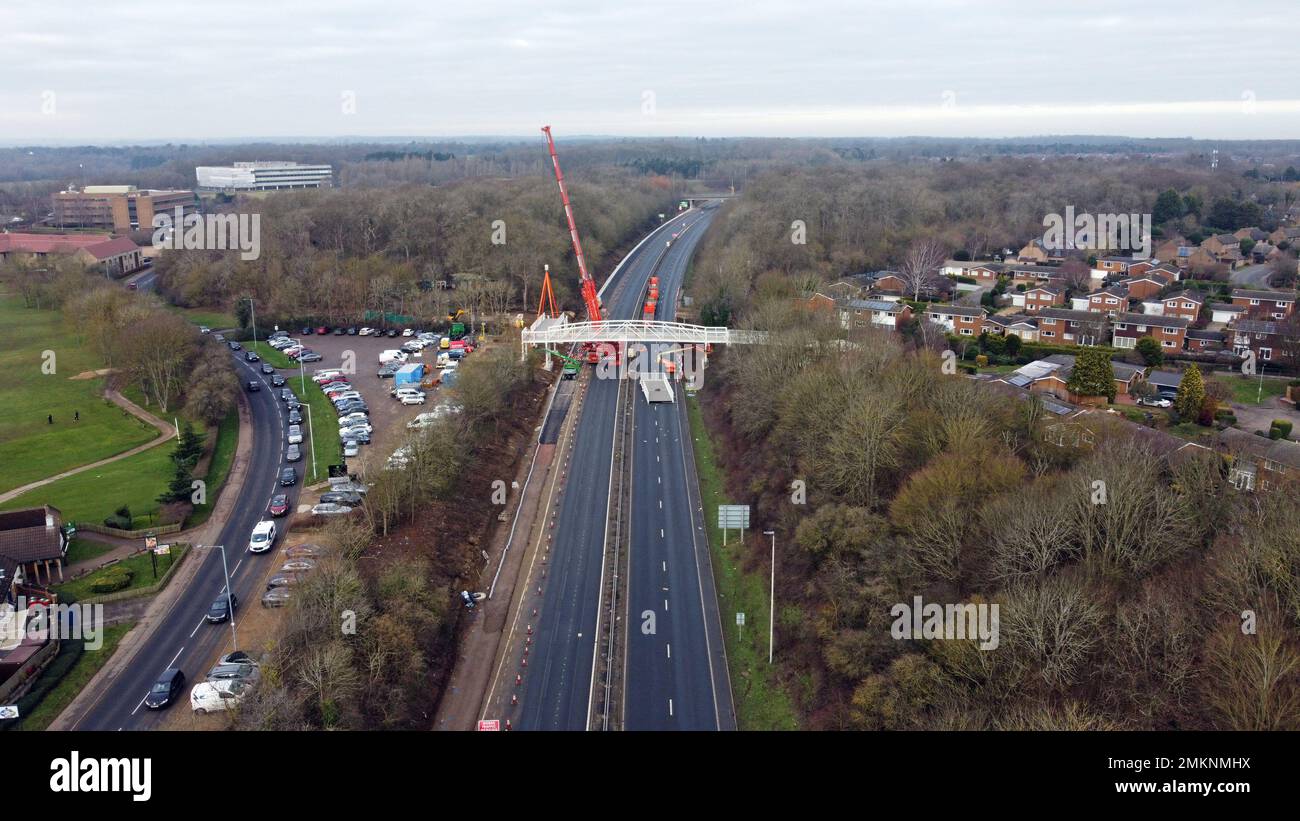 Peterborough, UK. 28th Jan, 2023. A footbridge over the A1260 Nene Parkway, near Thorpe Wood ...