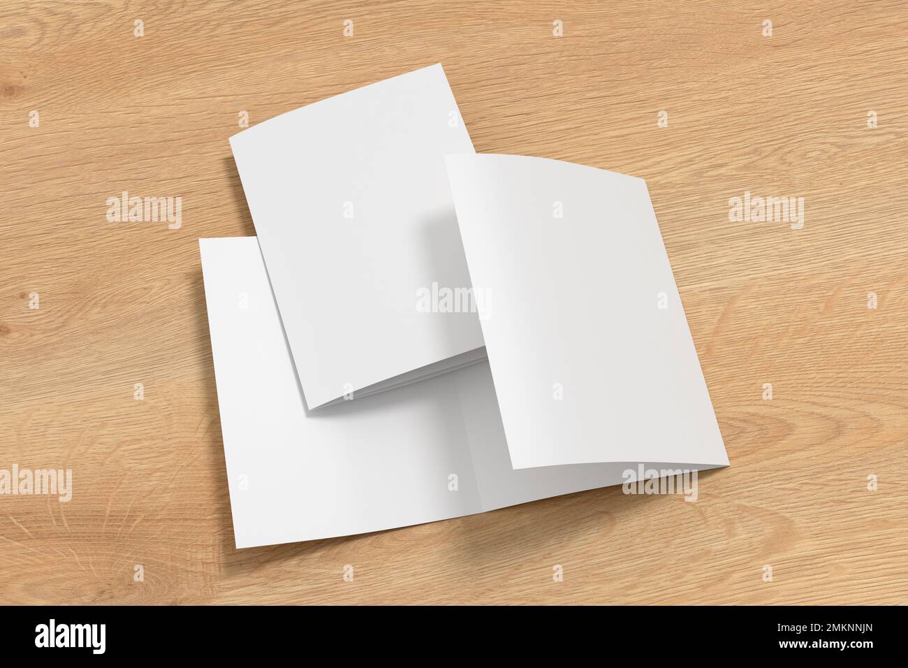 Trifold brochure A4 booklet mockup on wooden background Stock Photo - Alamy