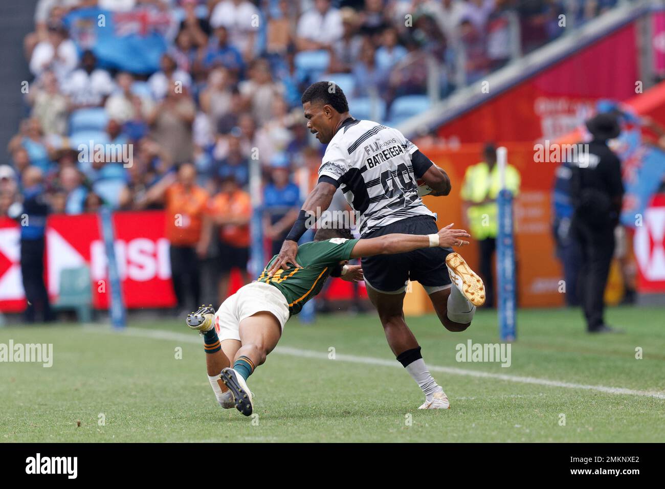 Sydney, Australia. 29th Jan, 2023. Josese Batirerega of Fiji is tackled ...